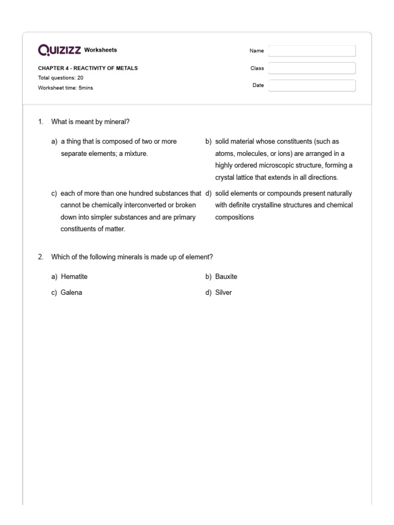 Chapter 4: Reactivity of Metals Quiz | PDF | Oxide | Magnesium