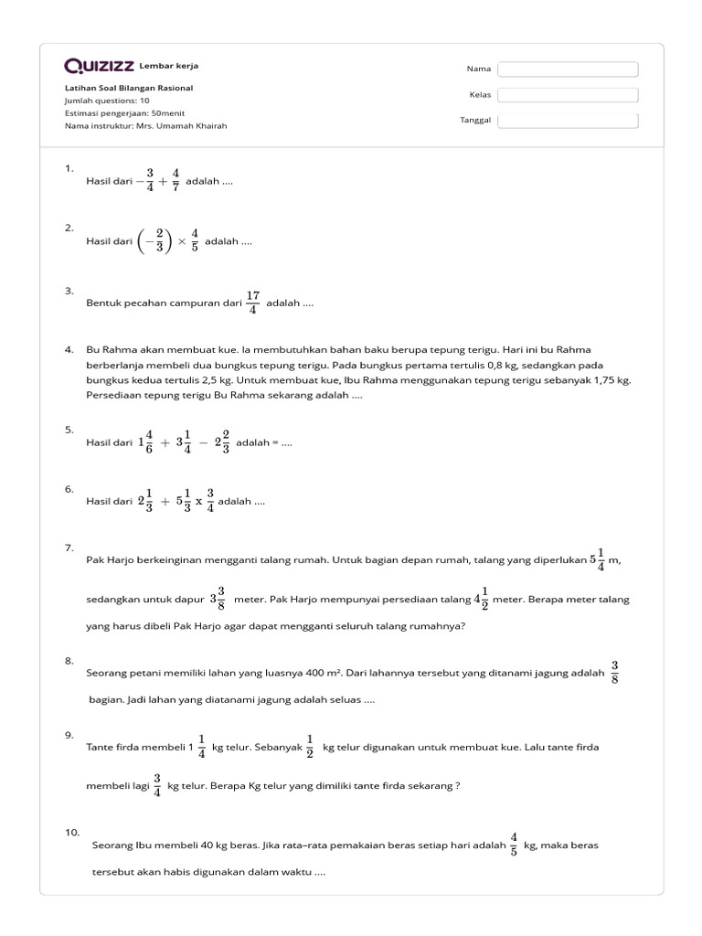 Latihan Soal Bilangan Rasional - Quizizz | PDF