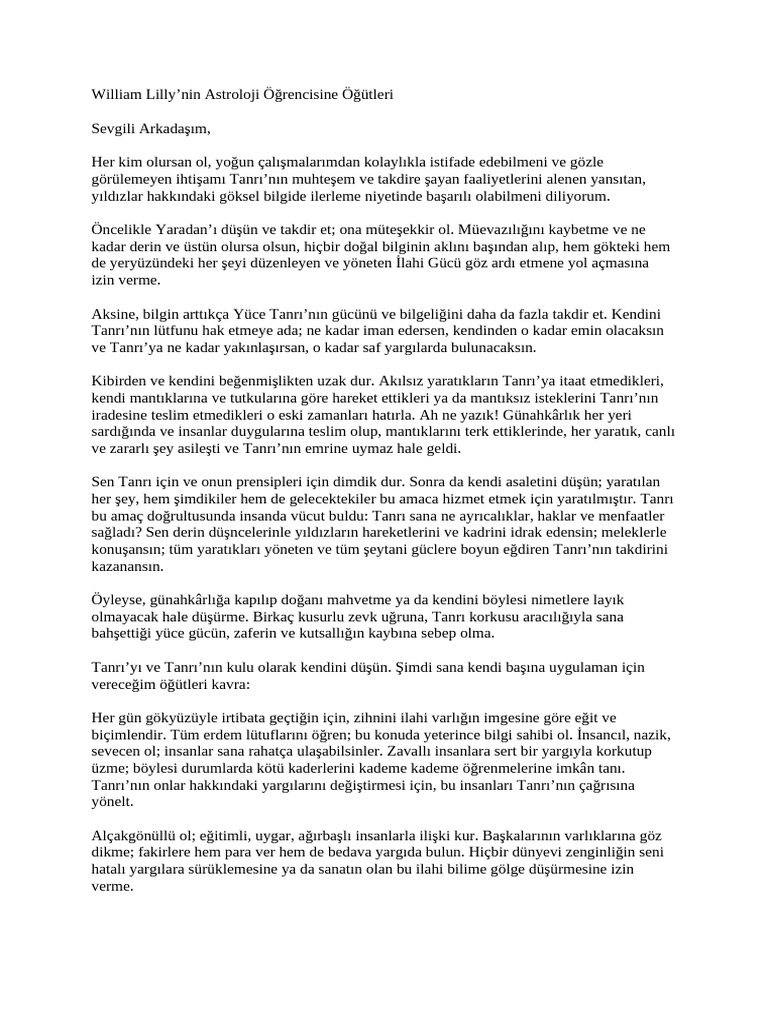 William Lilly Astroloji Öğrencilere Mektübü | PDF