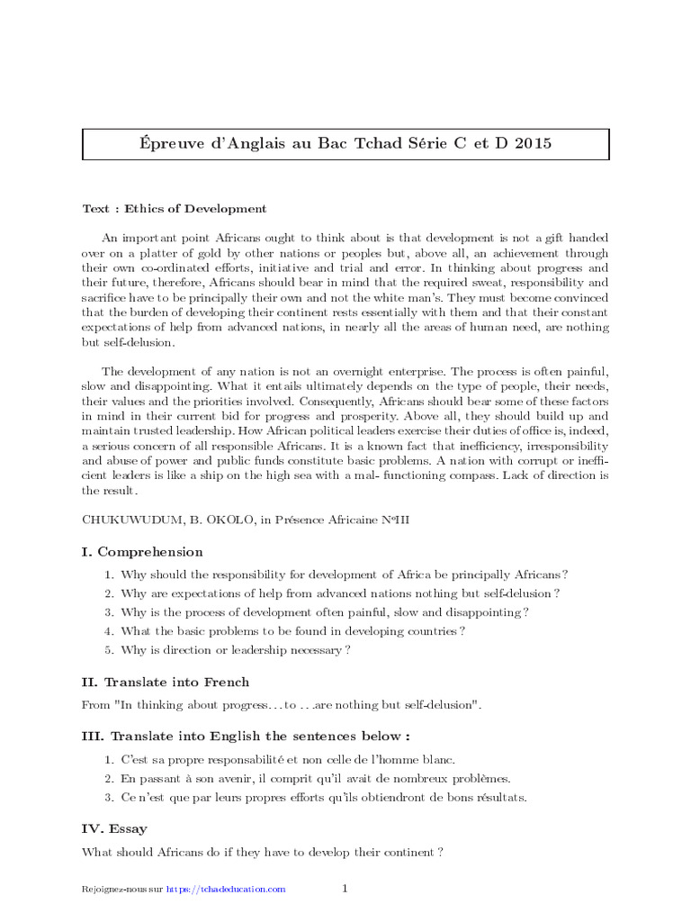 Sujet Danglais Bac C Et D 2015 | PDF