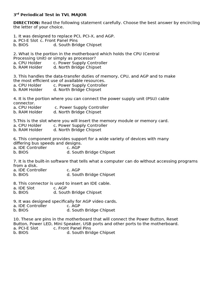 3rd Periodical Test in TVL MAJOR | PDF | Bios | Computer Data Storage