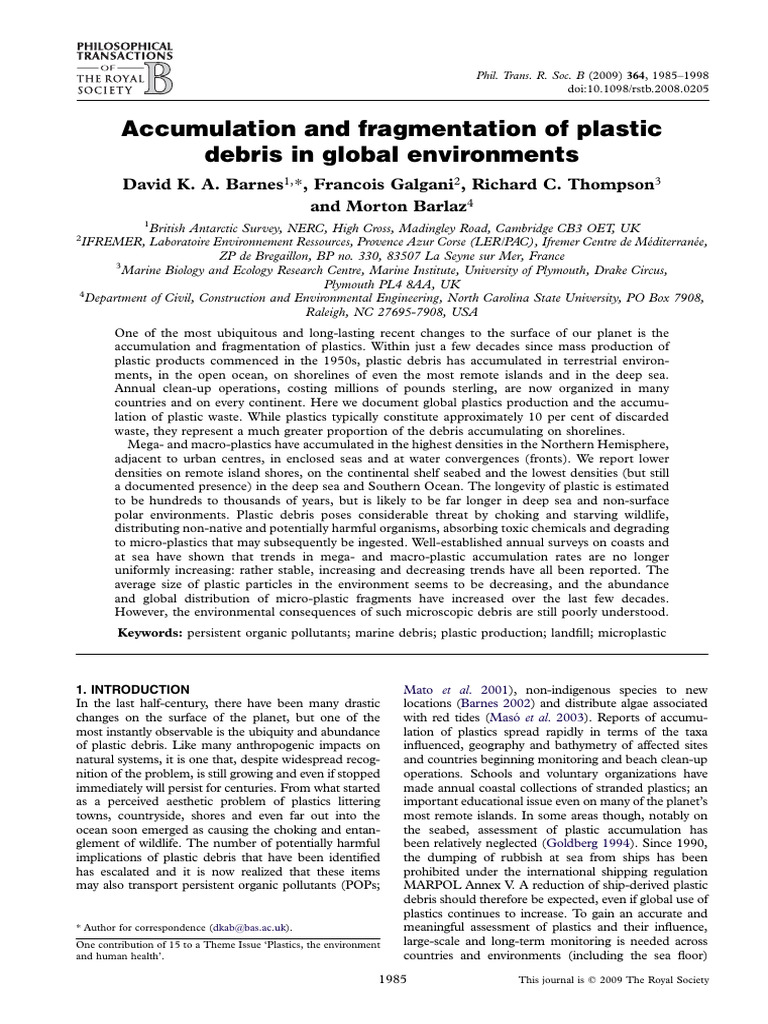 B Barnes Et Al 2009 Accumulation and Fragmentation of Plastic Debris in ...