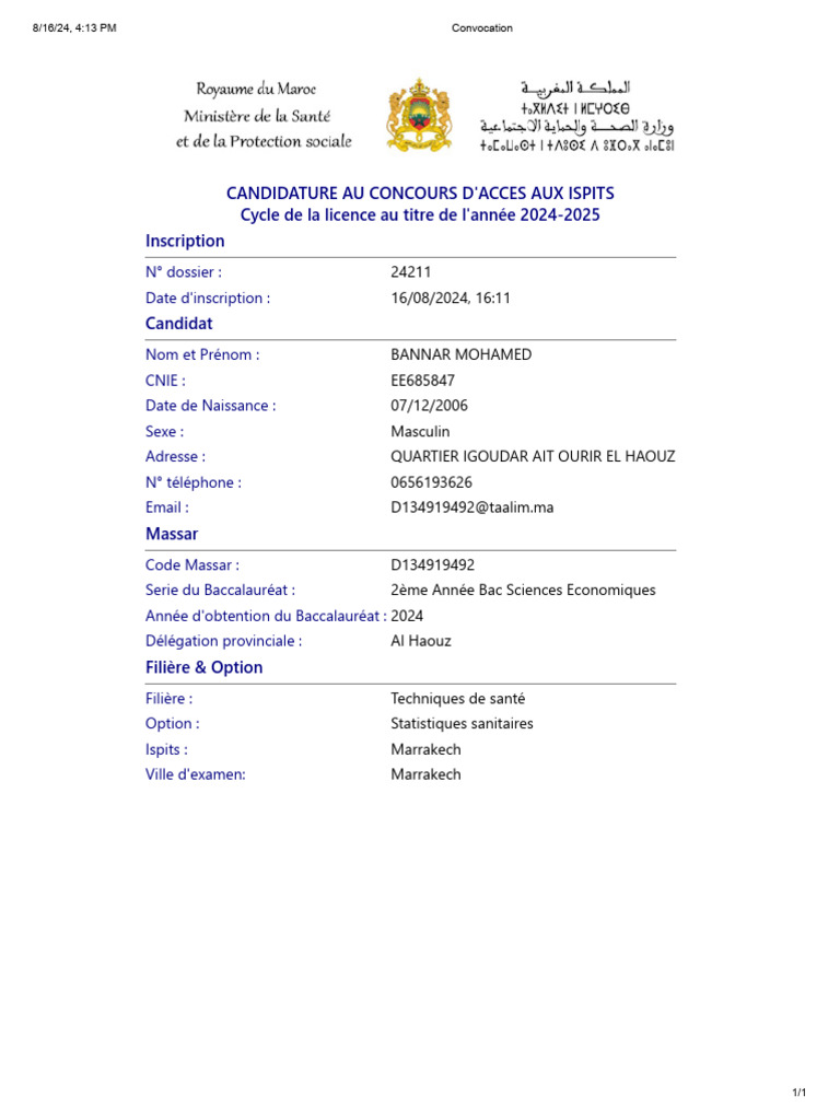 Concours ISPITS 2024 : Inscription et Convocation | PDF