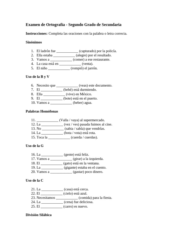 Examen de Ortografía Segundo Grado | PDF