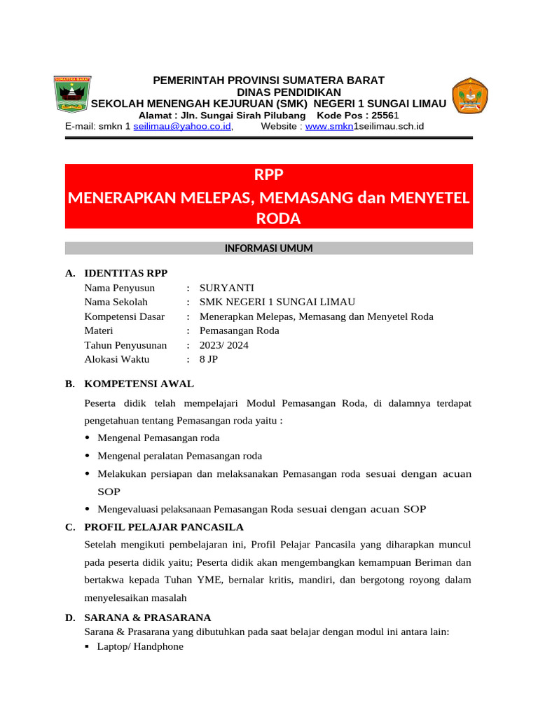 RPP Suryanti, Pemasangan Roda | PDF