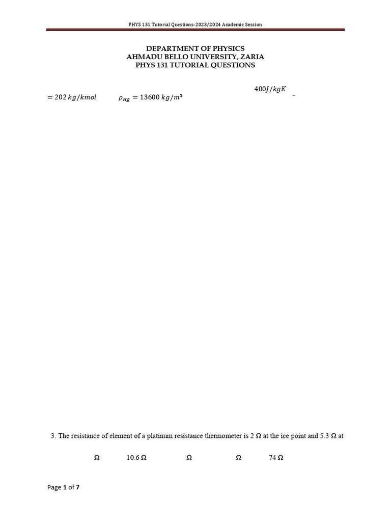 Phys 131 Turtorial Questions - 2024 | PDF | Temperature | Gases