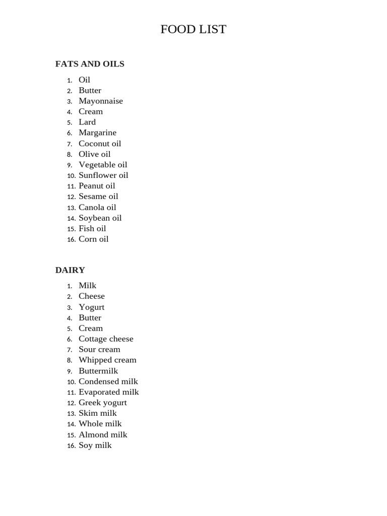 Comprehensive Food List by Category | PDF