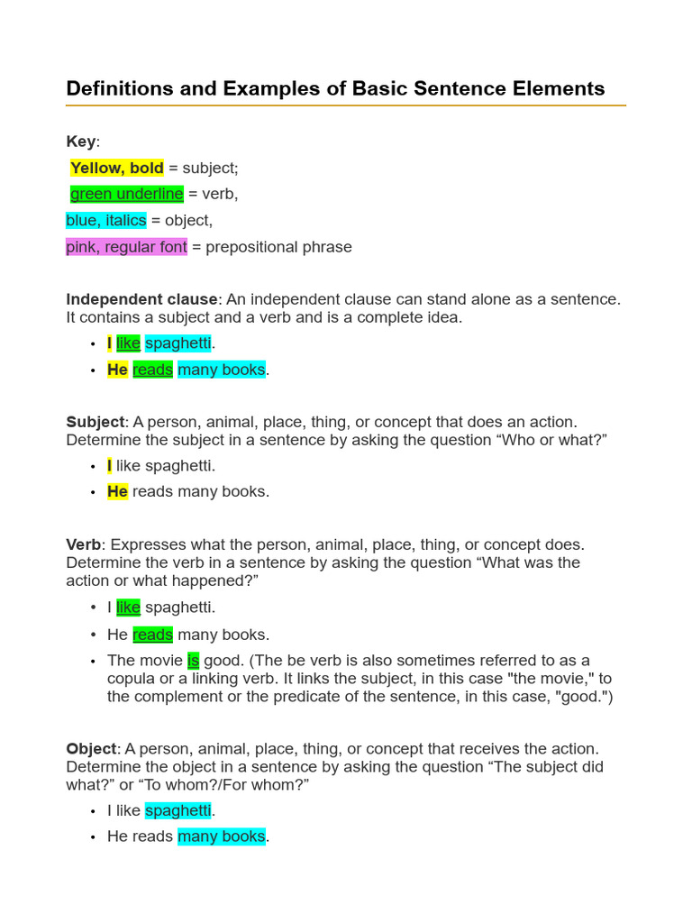 Basic Sentence Elements Explained | PDF | Sentence (Linguistics ...