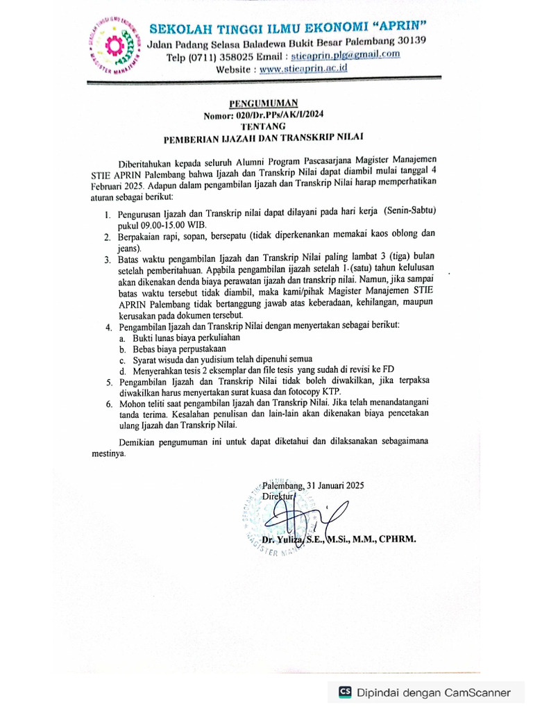 Pengumuman Pemberian Ijazah Dan Transkrip Nilai | PDF