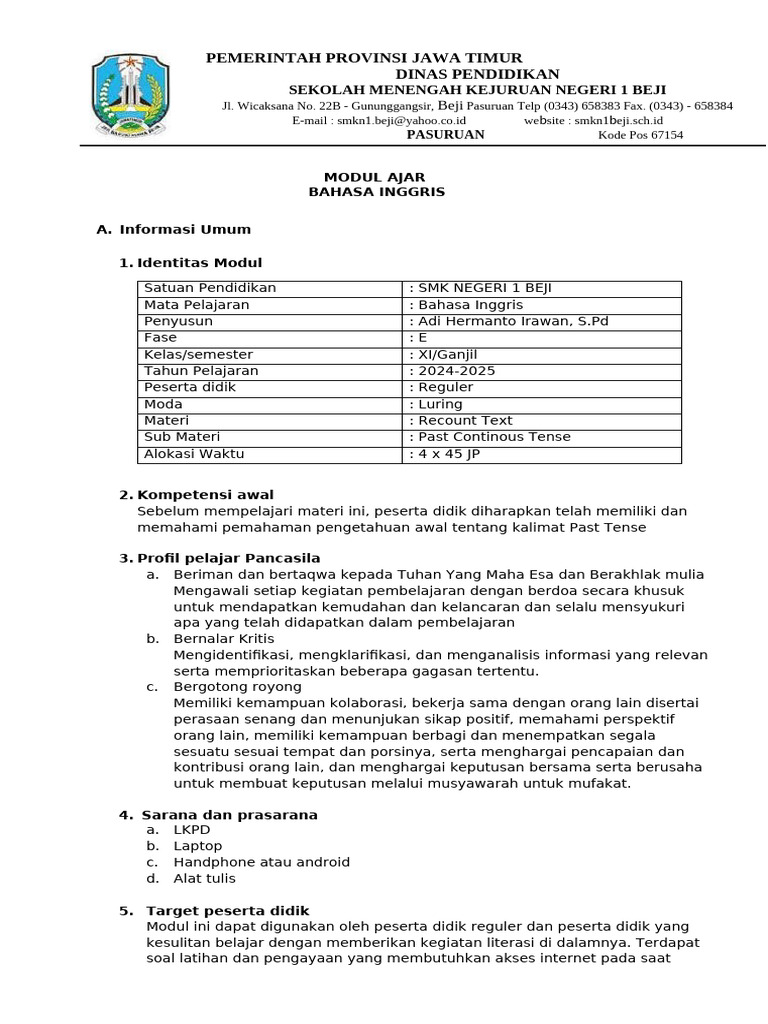Modul Ajar Recount Text 3 Past Continous Tense | PDF