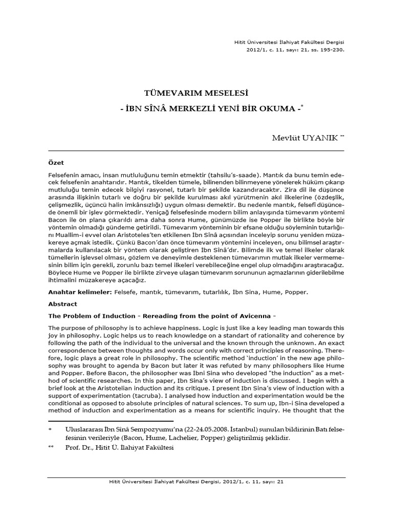 Tümevarım Meselesi-İbn Sina Merkezli Yeni Bir Okuma | PDF