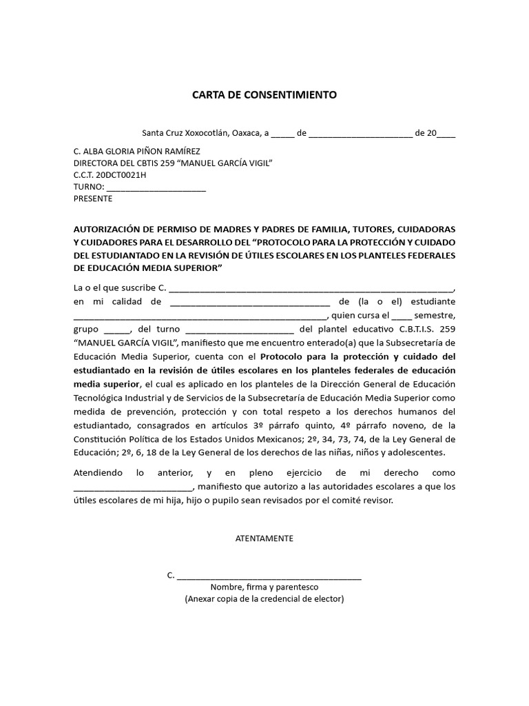 Carta de Consentimiento Revisión de Útiles Escolares v2 | PDF