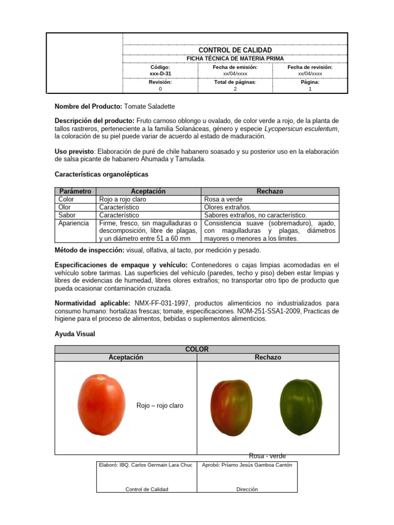 Ficha Técnica del Tomate Saladette | PDF | Alimentos