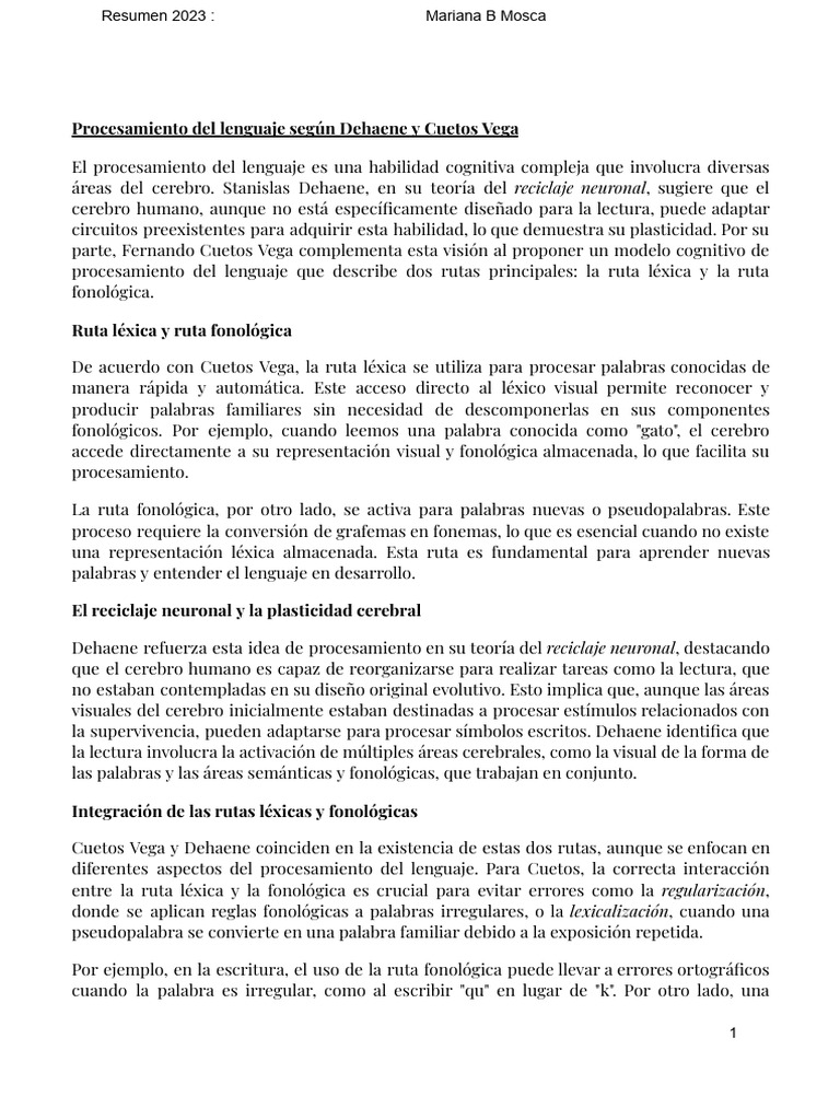 Procesamiento del lenguaje según Dehaene y Cuetos Vega (1) | PDF ... Procesamiento del lenguaje según Dehaene y Cuetos Vega (1) | PDF ...