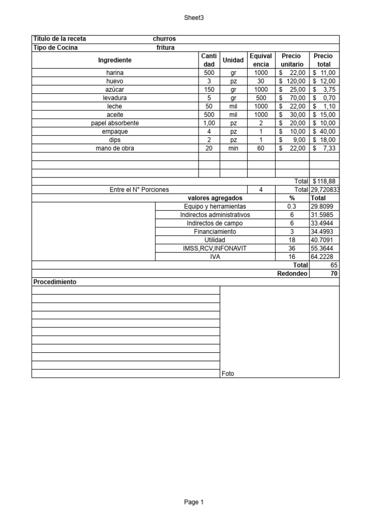 formato costeo.xlsx - Sheet3 | PDF | Alimentos