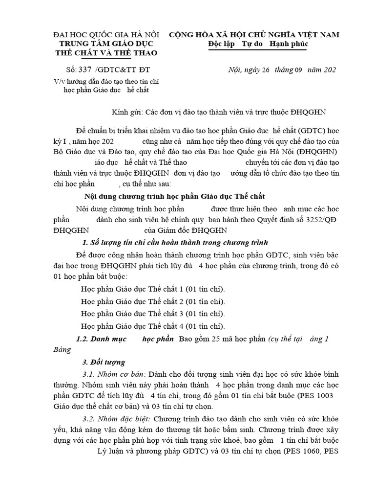 Signed.Signed.Signed.CV Hướng dẫn đào tạo theo tín chỉ môn học GDTC năm học 2023-2024 | PDF