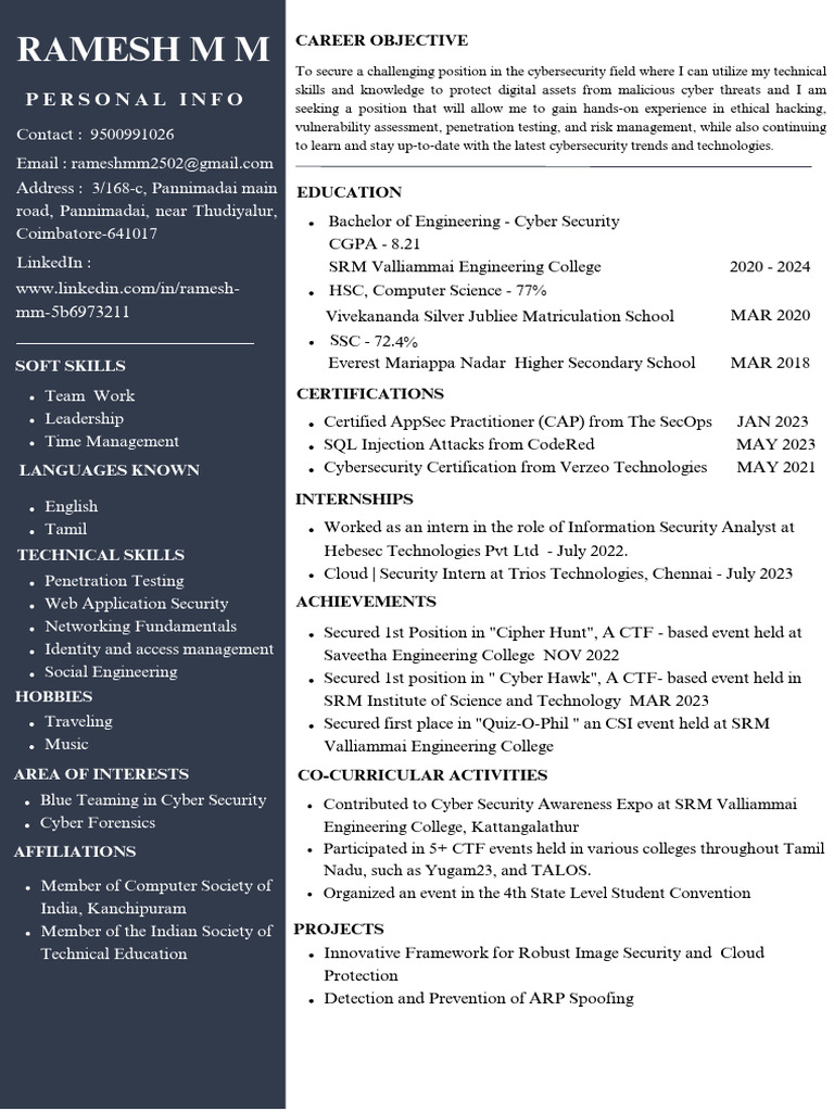 Ramesh M M CV Resume | PDF | Security | Computer Security