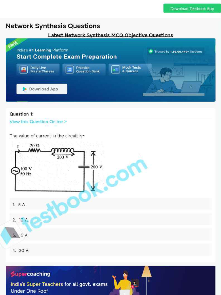 MCQ On Network Synthesis 5eea6a0e39140f30f369e57f | PDF