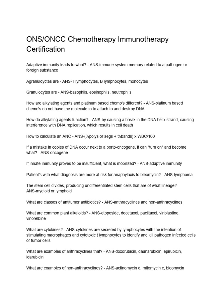 ONS Chemotherapy Immunotherapy Certification | PDF | Immune System ...
