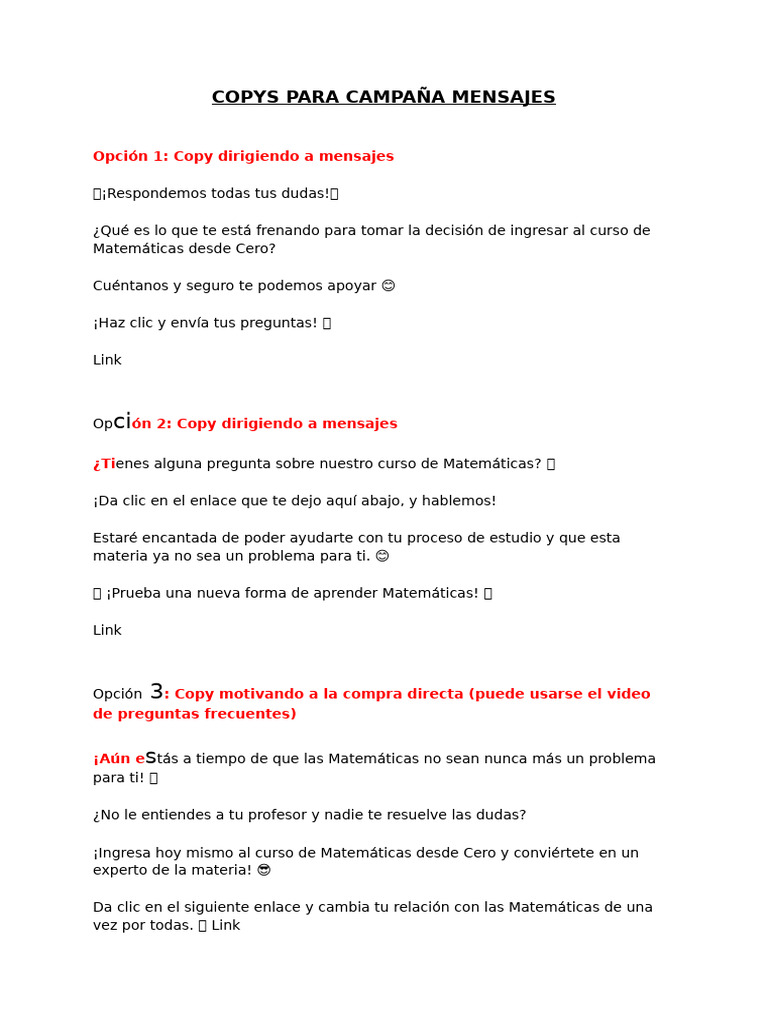 Copys para Promocionar Curso de Matemáticas | PDF
