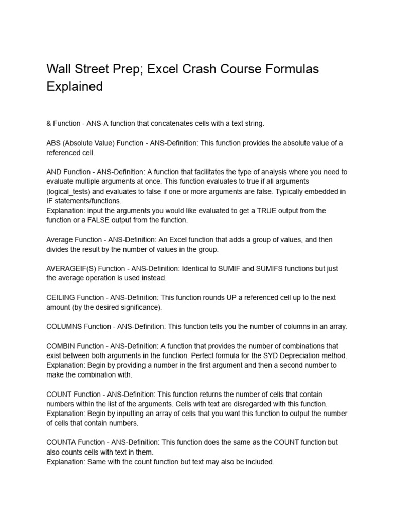 Wall Street Prep - Excel Crash Course Formulas Explained | PDF | Parameter (Computer Programming ...