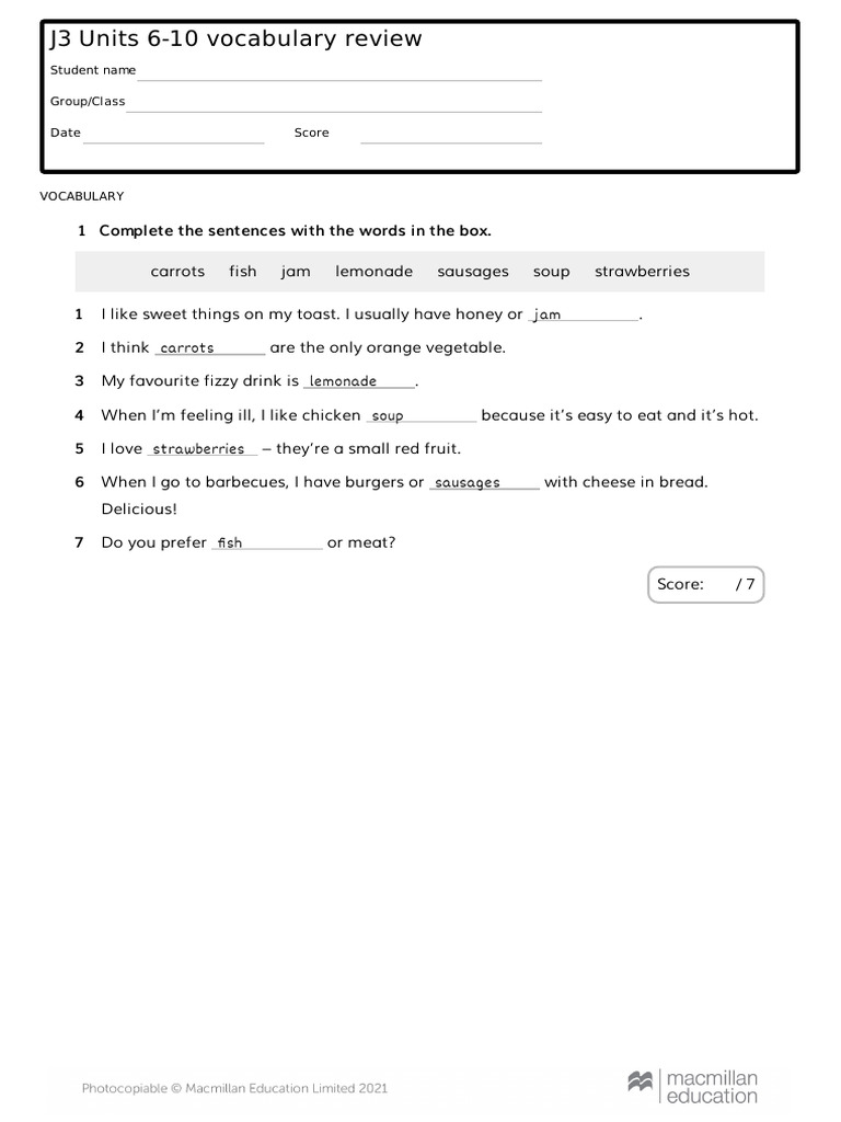 J3 Units 6-10 Vocabulary Review KEY | PDF | Foods