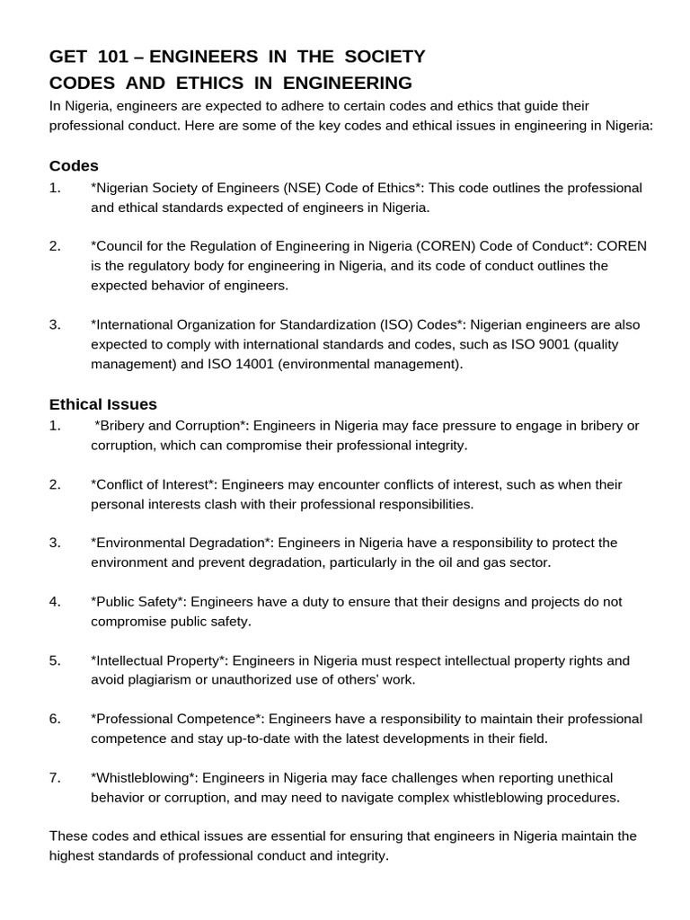 Nigerian Engineers' Codes of Ethics | PDF | Integrity | Conflict Of ...