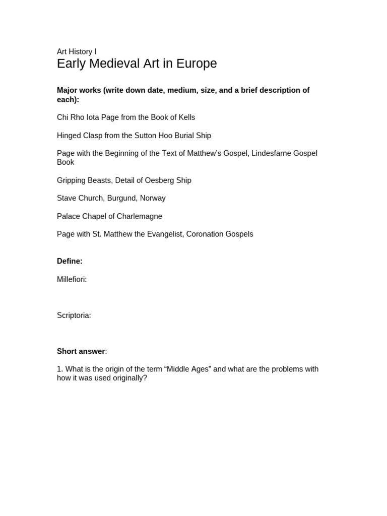 Early Medieval Art Worksheet | PDF