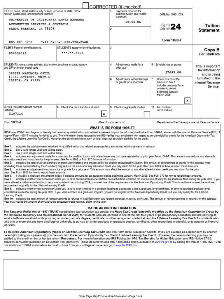 Tuition Statement: Form 1098-T | PDF | Tax Credit | Income Tax In The ...