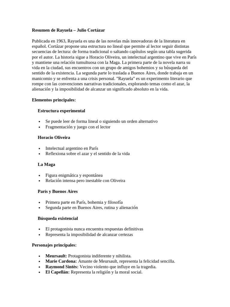 Resumen de Rayuela de Julio Cortázar | PDF