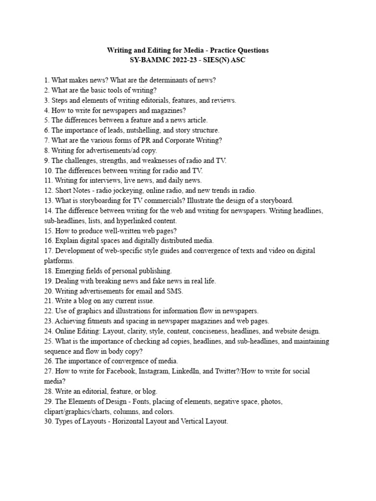 Media Writing and Editing Practice Questions | PDF | Television ...