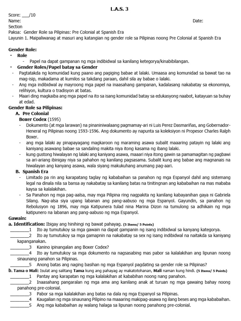 Q3 LAS 3 Gender Role Sa Pilipinas | PDF
