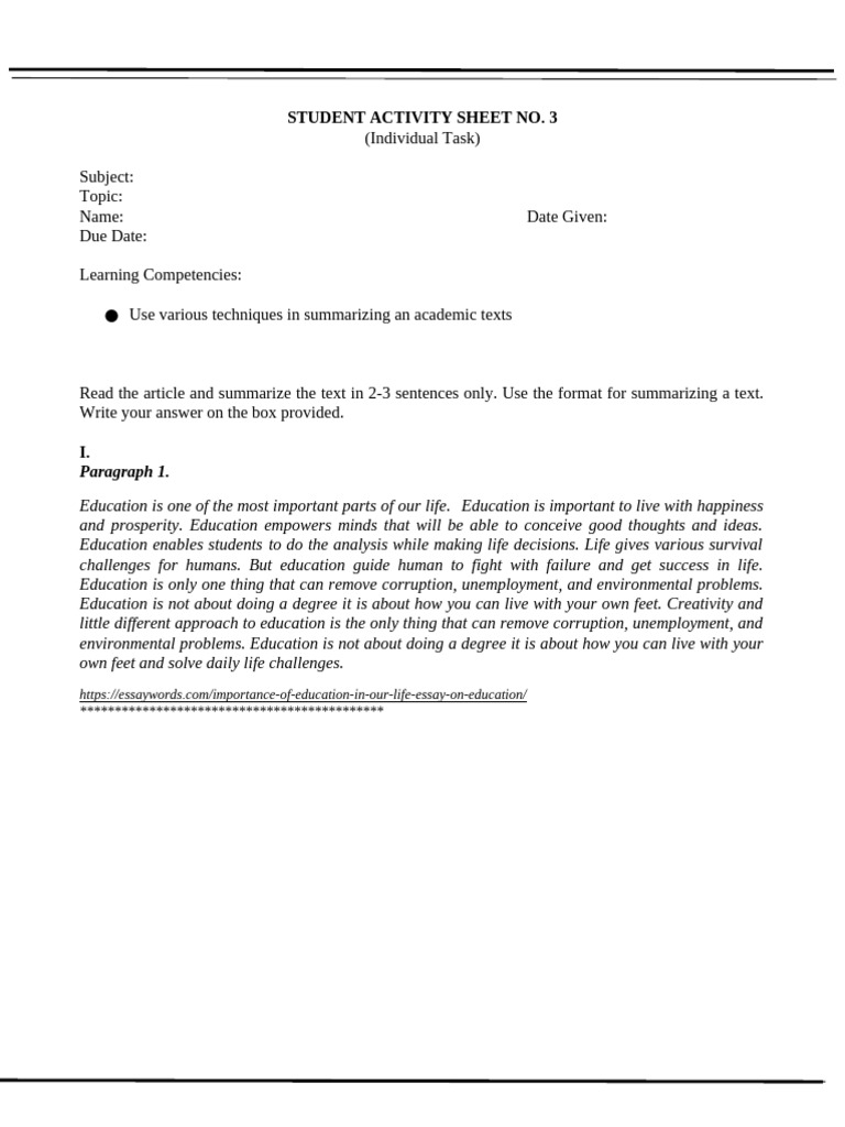 Summarizing Activity Sheet | PDF | Learning | Cognition