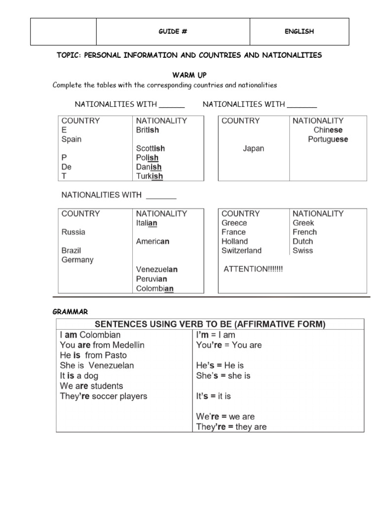 Personal Info: Countries & Nationalities Guide | PDF | Linguistics