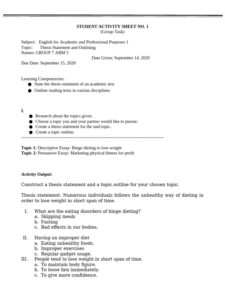 (Template) Thesis Statement and Outlining Activity Sheet | PDF | Dieting | Thesis