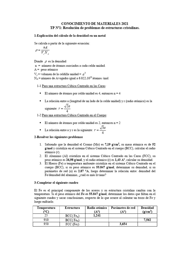 TP1-Estructuras cristalinas 2021 | PDF | Densidad | Mole (Unidad)