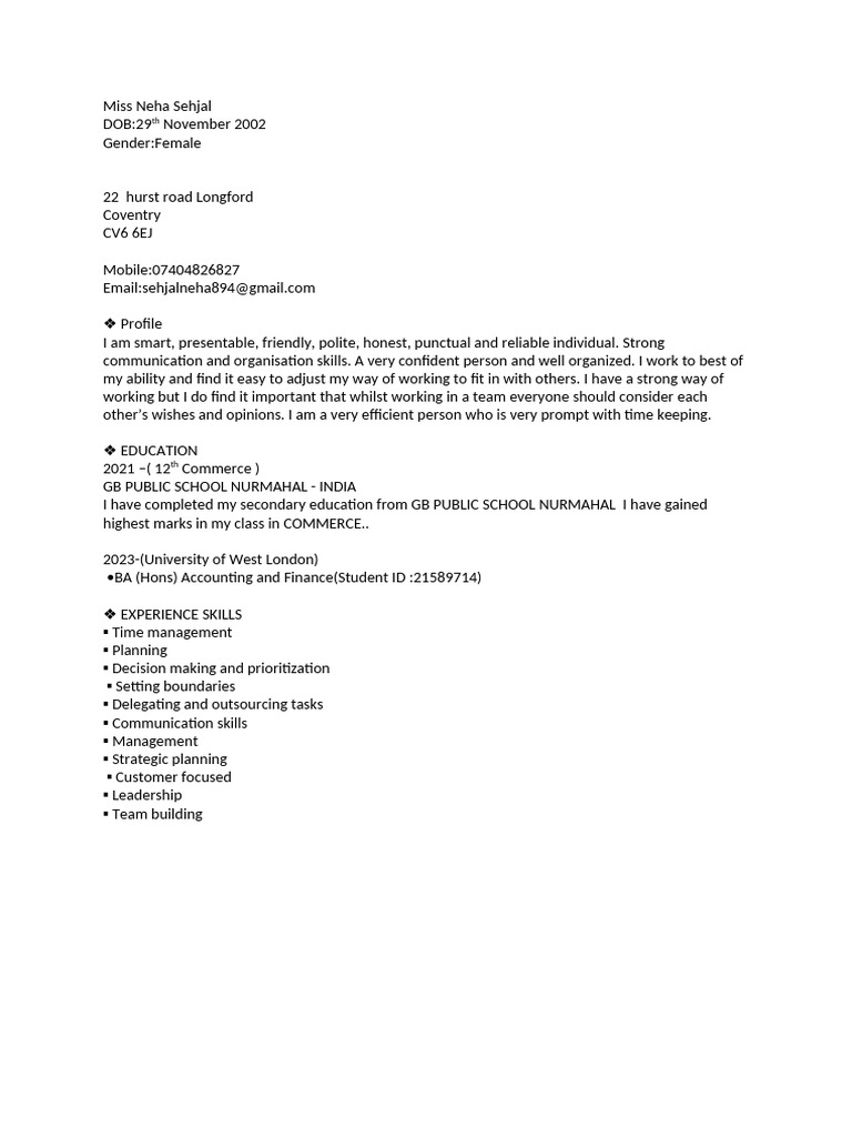 Neha Sehjal CV | PDF