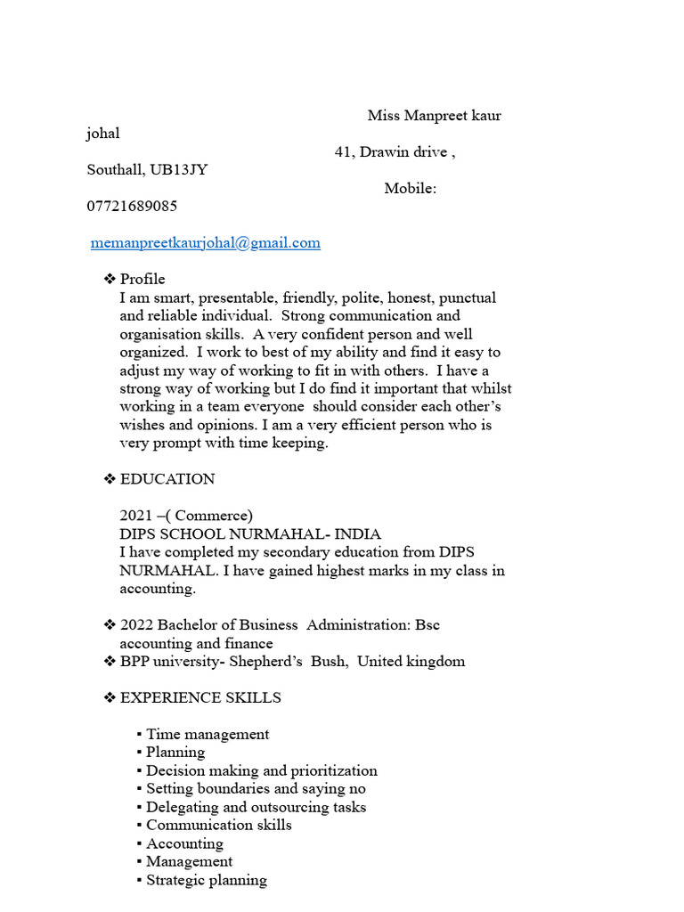 Manpreet Kaur Johal CV | PDF