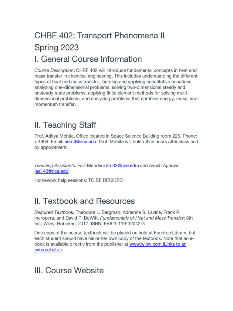 CHBE 402 Transport Phenomena II | PDF | Transport Phenomena | Textbook