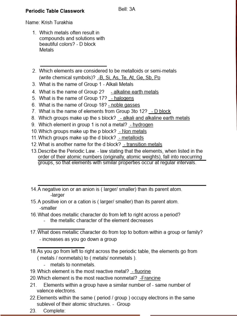 11_4 Periodic table classwork | PDF | Chemical Elements | Ion