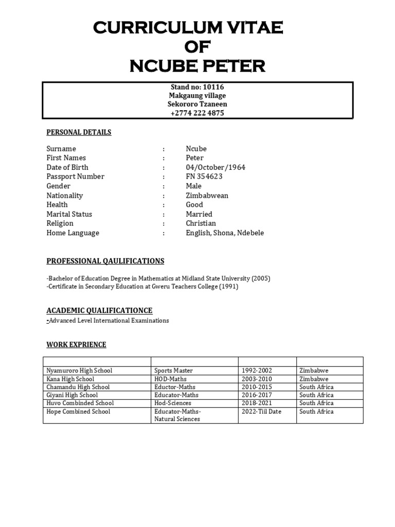 Curriculum Vitae Ncube Peter | PDF