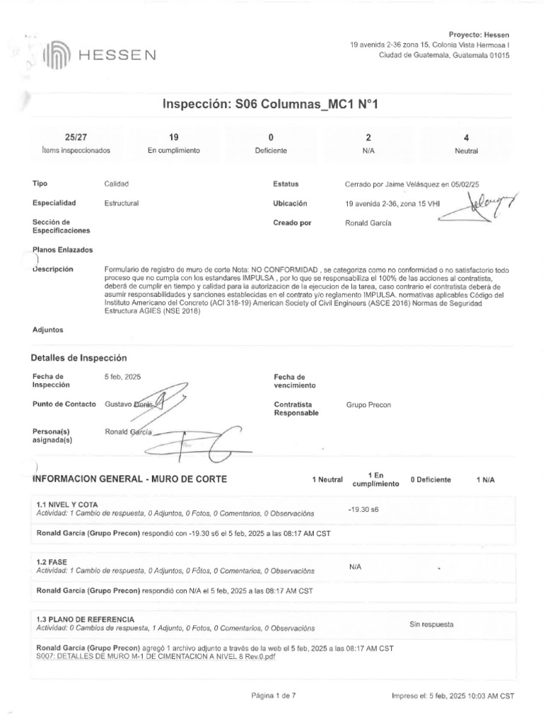 Inspeccion s06 Columnas Mc1 No1 | PDF