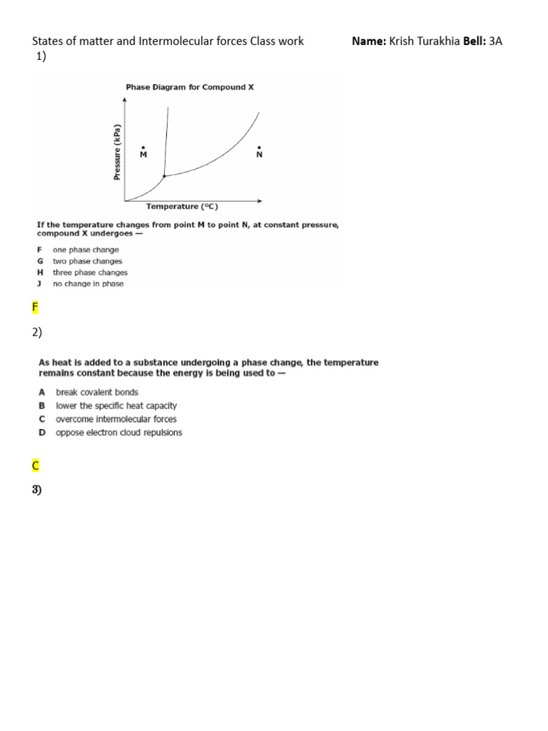 States of Matter and Intermolecular Forces CW | PDF | Chemical Bond ...