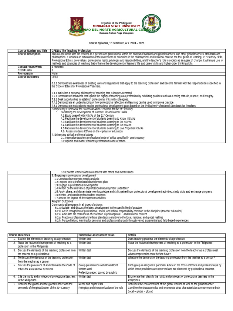CPE 101 Syllabus | PDF | Teachers | Learning