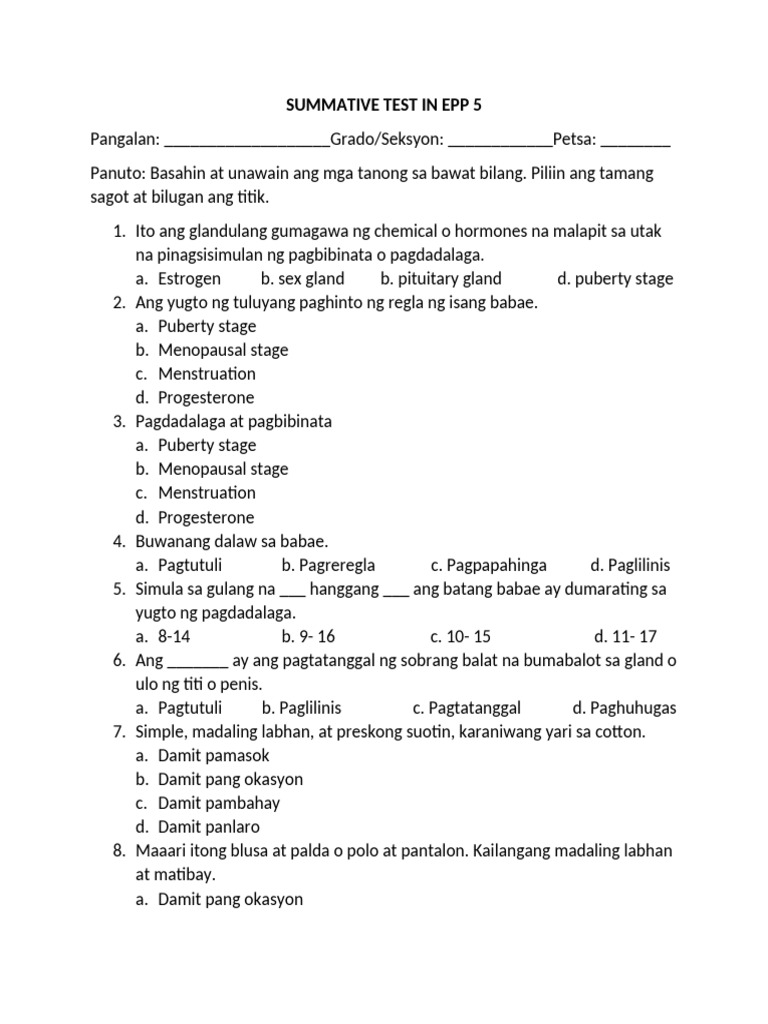 Summative Test in Epp 5 | PDF