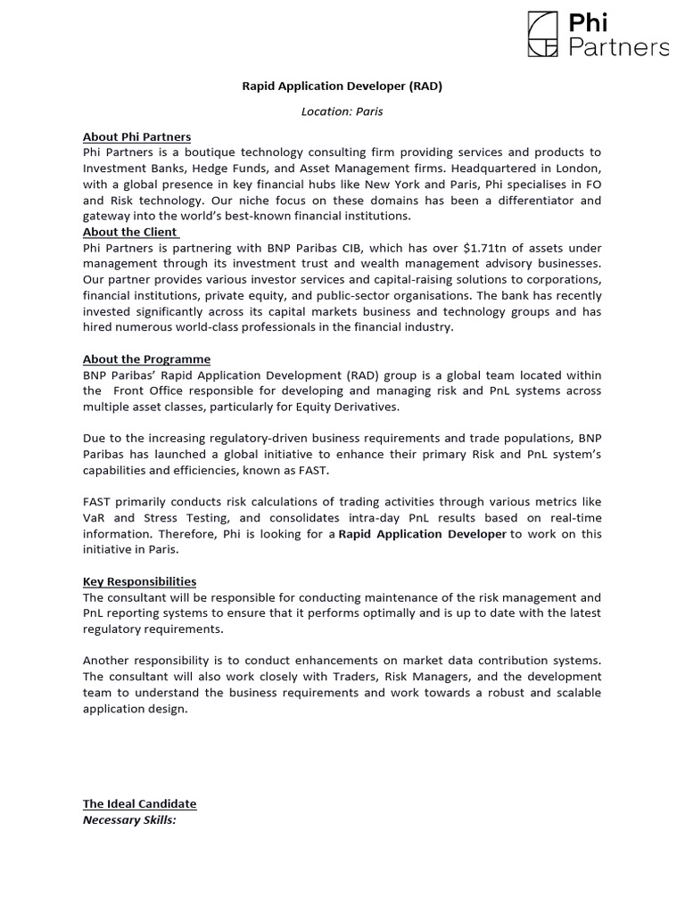 Phi Partners - Rapid Application Developer (Paris) | PDF | Bnp Paribas | Financial Markets