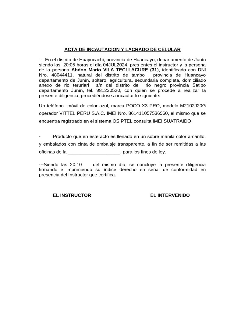 Acta de Incautacion y Lacrado de Celular Por Imei 101 | PDF | Telecomunicaciones móviles ...