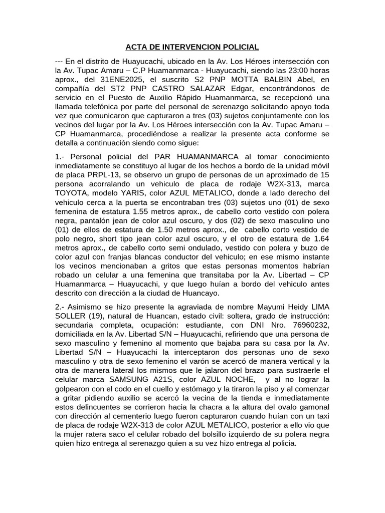 Acta de Intervención Policial en Huayucachi | PDF