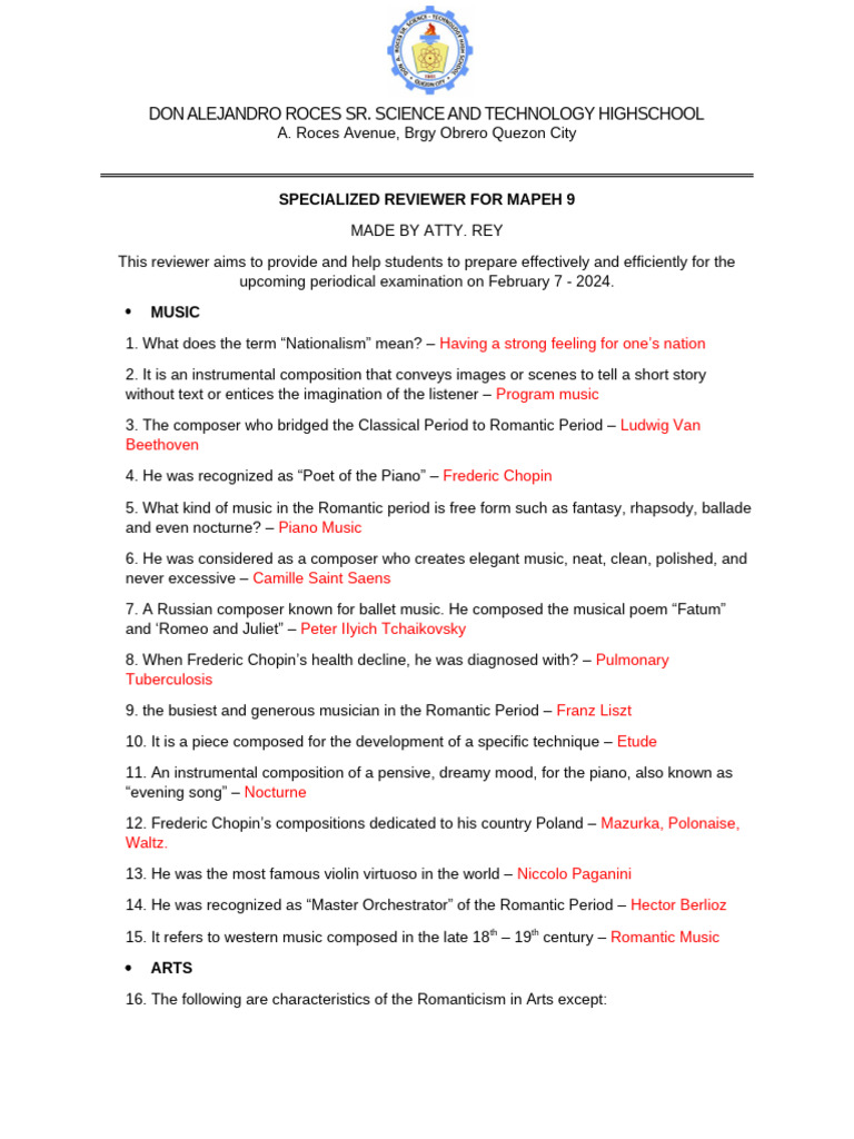 Mapeh 9 3RD Quarter Reviewer | PDF | Romantic Music | Frédéric Chopin