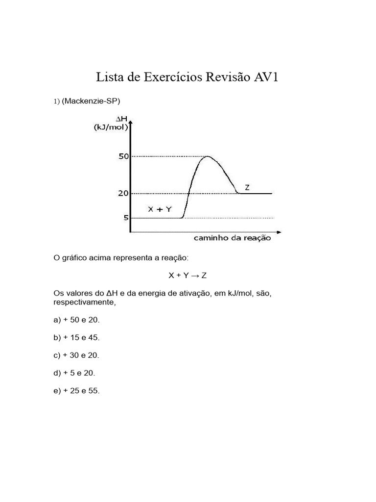 Lista de Exercícios Revisão AV1 Cinética Química e Equilibrio Químico | PDF | Equilíbrio químico ...
